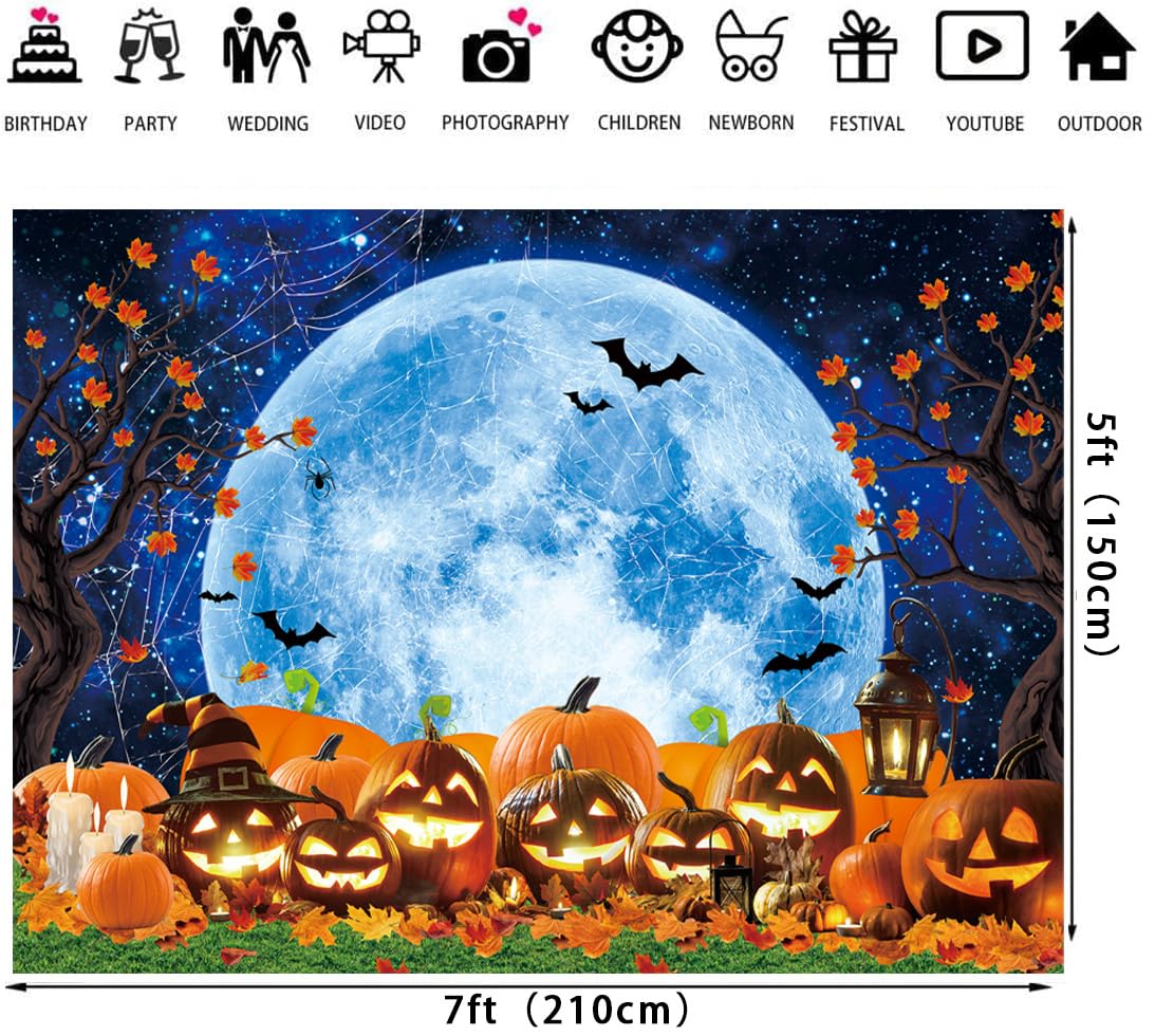 Halloween Backdrop for Photography 7x5FT Halloween Full Moon Night Background Horrible Pumpkin Lantern Maple Leaf Halloween Theme Baby Shower Birthday Party Decoration Photo Booth Props