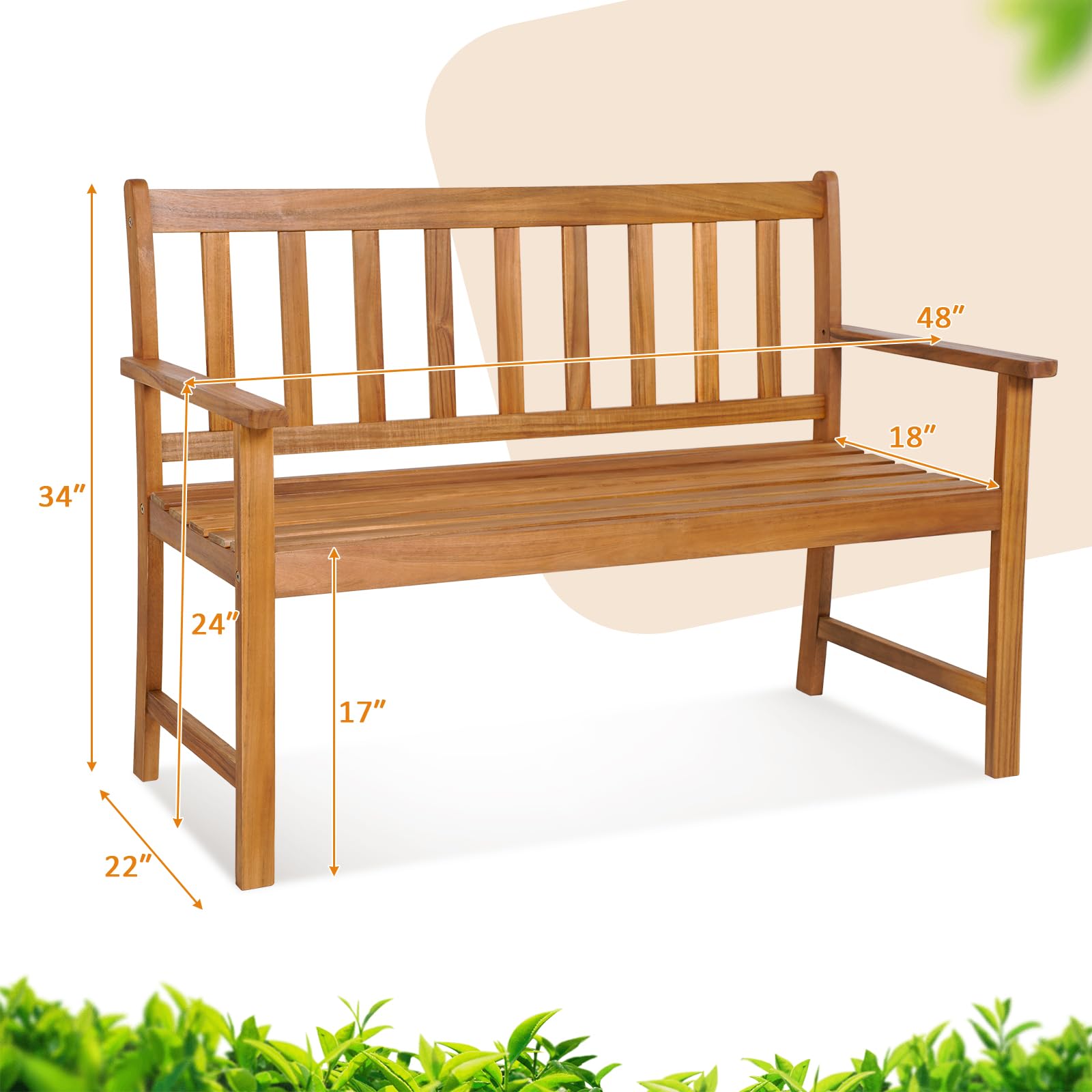 Tangkula Outdoor Acacia Wood Bench, 2-Person Garden Bench with Backrest and Armrests, Garden Bench with Slatted Seat for Porch, Park, Backyard, 800 Lbs Max Load, 48” L x 22” W x 34” H, Natural