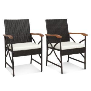 tangkula patio wicker chair set of 2, outdoor pe rattan chairs w/soft zippered cushion, heavy-duty metal frame & all-weather, for backyard, balcony (set of 2, off white)