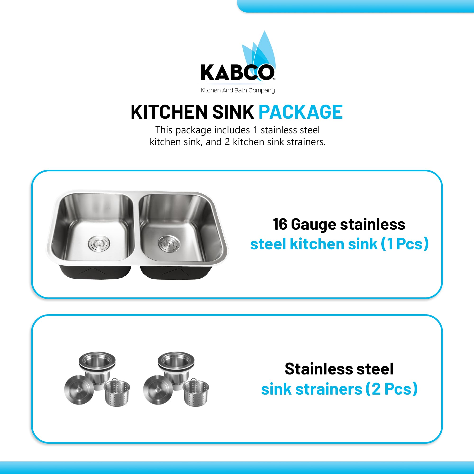 KABCO 32 Inch Stainless Steel Double Equal Bowl Classic Kitchen Sink, Extra Thick 16 Gauge Undermount Rust, Sound and Heatproof Sink with Sink Strainer and Removable Garbage Basket