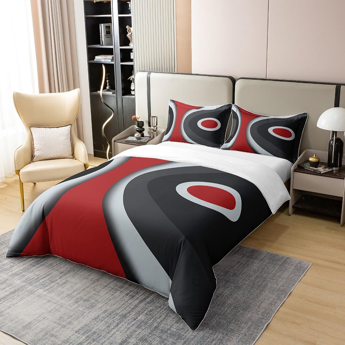 jejeloiu Modern Abstract Duvet Cover 100% Cotton Queen Size Red Stripes Gray Black White Bedding Cotton Duvet Cover Set Acrylic Bold Grey Comforter Cover Set