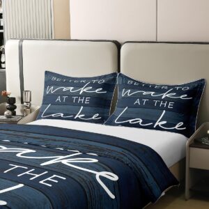 jejeloiu Welcome to Lake Cabin Duvet Cover 100% Cotton, Lake Rules Bedding Set,Lake Paddle Decor Navy Blue Bedspread Cover,Queen Size