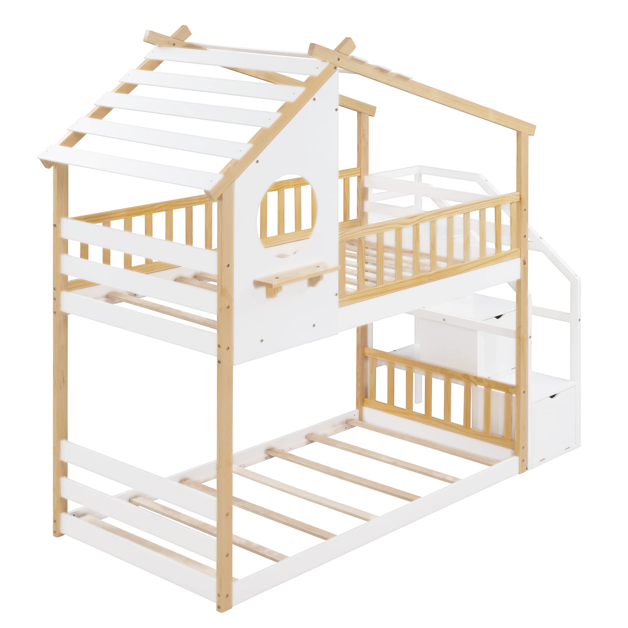 Stairway House Bunk Beds for Kids ,Floor Bunk Beds Twin Over Twin , Wood Bunk Beds with Storage Stairs , Toddlers Bunk Beds with Roof, Window for Girls, Boys , Natural Bed +White Stair