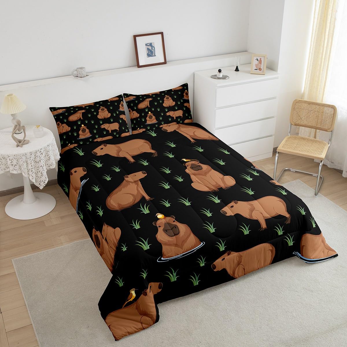 jejeloiu Full Size Capybara Stuffed Animal Bedding Set Boys Girls Capybaras Comforter Set for Kids Ultra Soft Animals Lovers Comforter Kawaii Duvet Set Room Decor Quilt Set