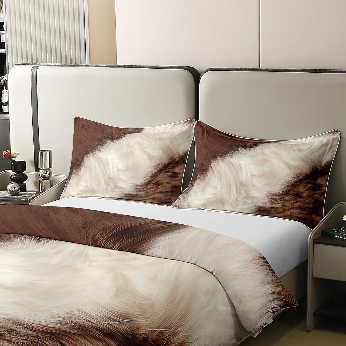 jejeloiu Cowhide Duvet Cover 100% Cotton Queen Size Cow Fur Bedding Cotton Duvet Cover Set Western Farm Animal Skin Brown White Bedspread Cover