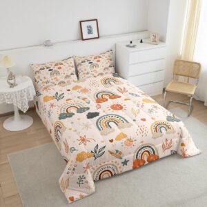 Bohemian Rainbow Twin Comforter Set for Girls Mid Century Style Boho Sun Botanical Leaves Floral Bedding Set for Kids Boys Cartoon Stars Clouds Bed Comforter Sets Hand Drawn Geometric Quilt Duvet