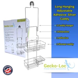 Gecko-Loc Adjustable Hanging Shower Caddy with Adhesive Storage Rack - Over Shower Head Hanger - for Shampoo, Soap, & Razors - Silver