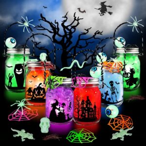 shemira halloween craft kit for kids, 6 pcs glass mason jar with accessories for diy lantern jar, halloween art & craft party supplies, halloween art activities,halloween craft and art party supplies