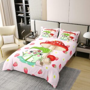 Castle Fairy Kawaii Frog 100% Nature Cotton Duvet Cover Twin Size Pink Strawberry Comforter Cover Twin Size with 1 Pillowcase Mushroom Snails and Ladybugs Aesthetic Luxury Bedding Set