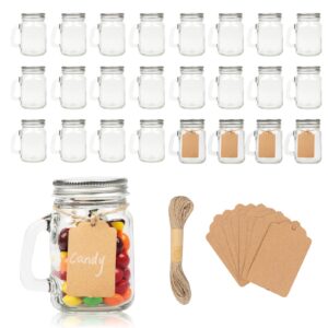 homelike style 4 oz small mason jar mugs with handle, mini glass jars with airtight metal lids, 24 pack empty glass mugs with kraft paper gift tag for party wedding favor