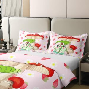 Castle Fairy Kawaii Frog 100% Nature Cotton Duvet Cover Twin Size Pink Strawberry Comforter Cover Twin Size with 1 Pillowcase Mushroom Snails and Ladybugs Aesthetic Luxury Bedding Set