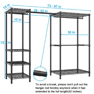 Ulif E10 Clothes Rack（With Stretchable Hanger Rod）Freestanding Clothing Racks for Hanging Clothes，Adjustable Closet Organizer System，Portable Garment Rack 73-97"W x 15" D x 72" H，Max Load 800LBS，Black