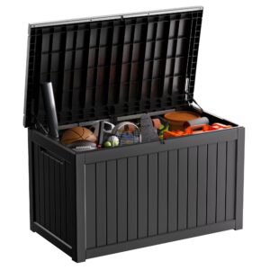 drato 230 gallon deck box, waterproof resin large outdoor storgae box for patio furniture, patio cushions, gardening tools, pool and sports supplies, lockable (black)