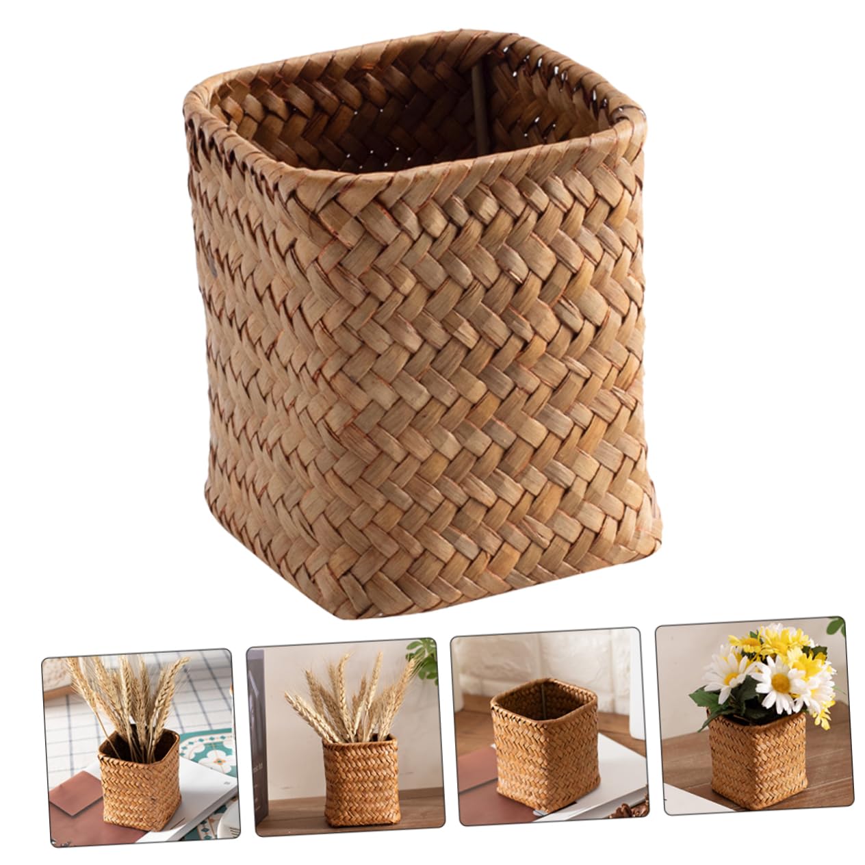 DOITOOL Pencil Holder Desk Makeup Brush Holder Stationery Container Flower Buds Vases Woven Flower Vase Rustic Pen Holder Seagrass Belly Basket Pen Cup to Weave Straw Remote Control Box