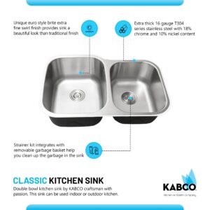 KABCO 32 Inch Stainless Steel 60/40 Double Unequal Bowl Classic Kitchen Sink Only, Extra Thick 16 Gauge Undermount Rust Resistant, Sound and Heatproof Sink