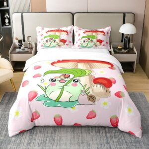 castle fairy kawaii frog 100% nature cotton duvet cover twin size pink strawberry comforter cover twin size with 1 pillowcase mushroom snails and ladybugs aesthetic luxury bedding set