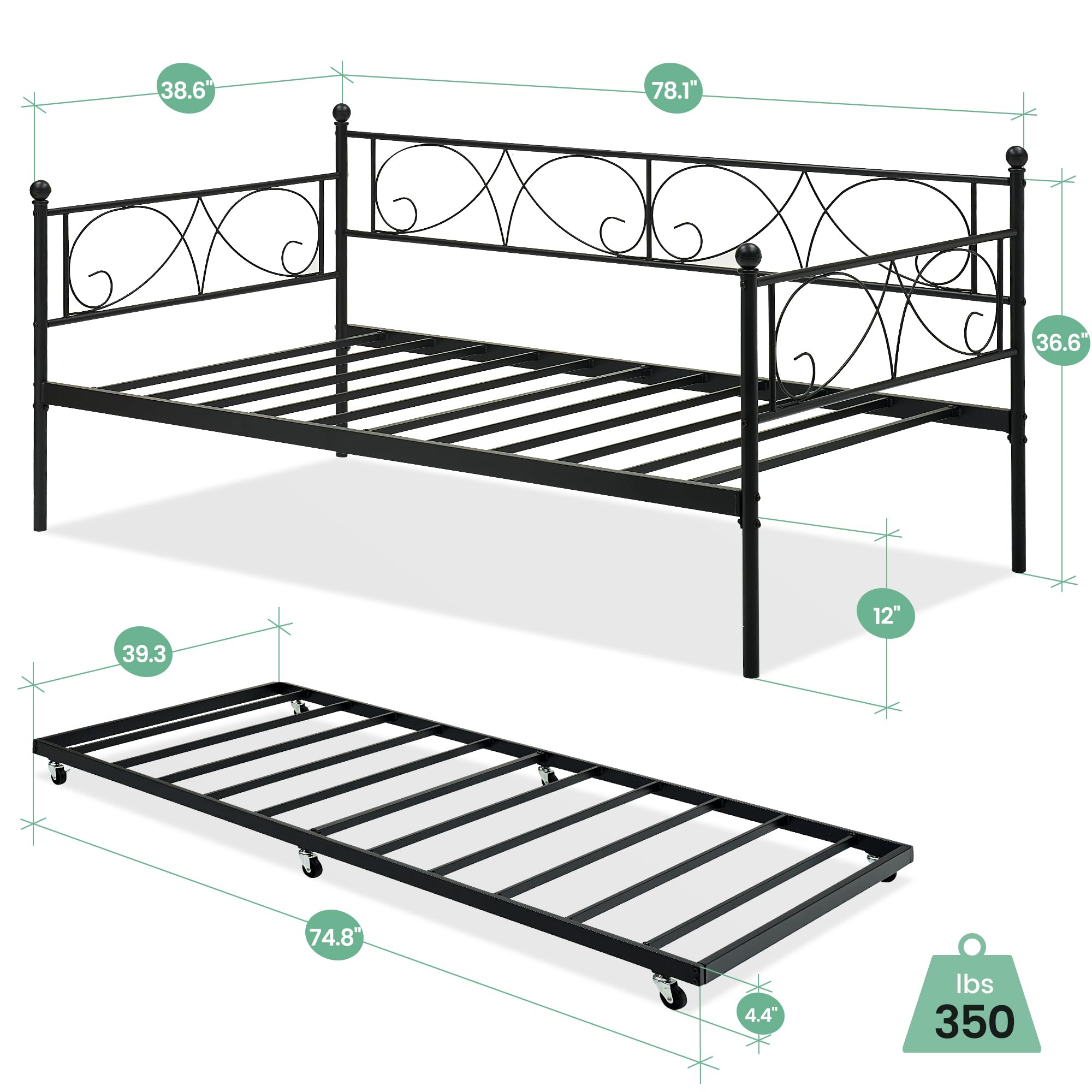 IDEALHOUSE Metal Daybed Frame with Trundle Heavy Duty Metal Slats/Mattress Foundation Platform Sofa Bed with Headboard for Bedroom, Twin, Black