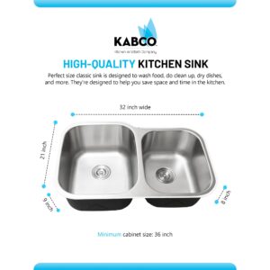 KABCO 32 Inch Stainless Steel 60/40 Double Unequal Bowl Classic Kitchen Sink Only, Extra Thick 16 Gauge Undermount Rust Resistant, Sound and Heatproof Sink