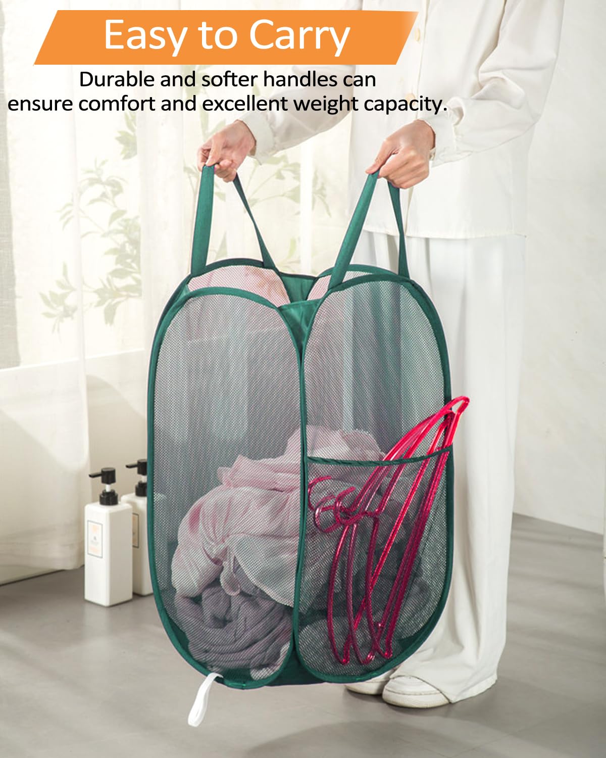 2 Pack Laundry Hamper Baskets, Collapsible Laundry Baskets Durable Tear-resistant with Side Pocket Reinforced Carry Handles green