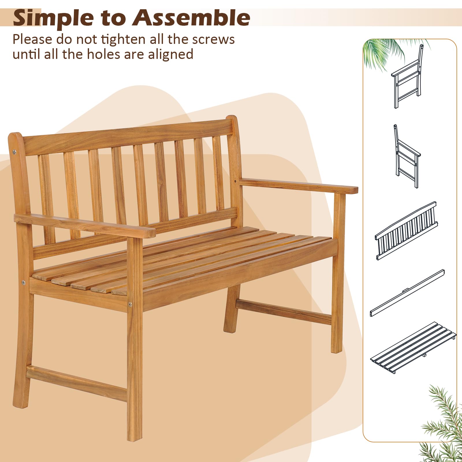 Tangkula Outdoor Acacia Wood Bench, 2-Person Garden Bench with Backrest and Armrests, Garden Bench with Slatted Seat for Porch, Park, Backyard, 800 Lbs Max Load, 48” L x 22” W x 34” H, Natural