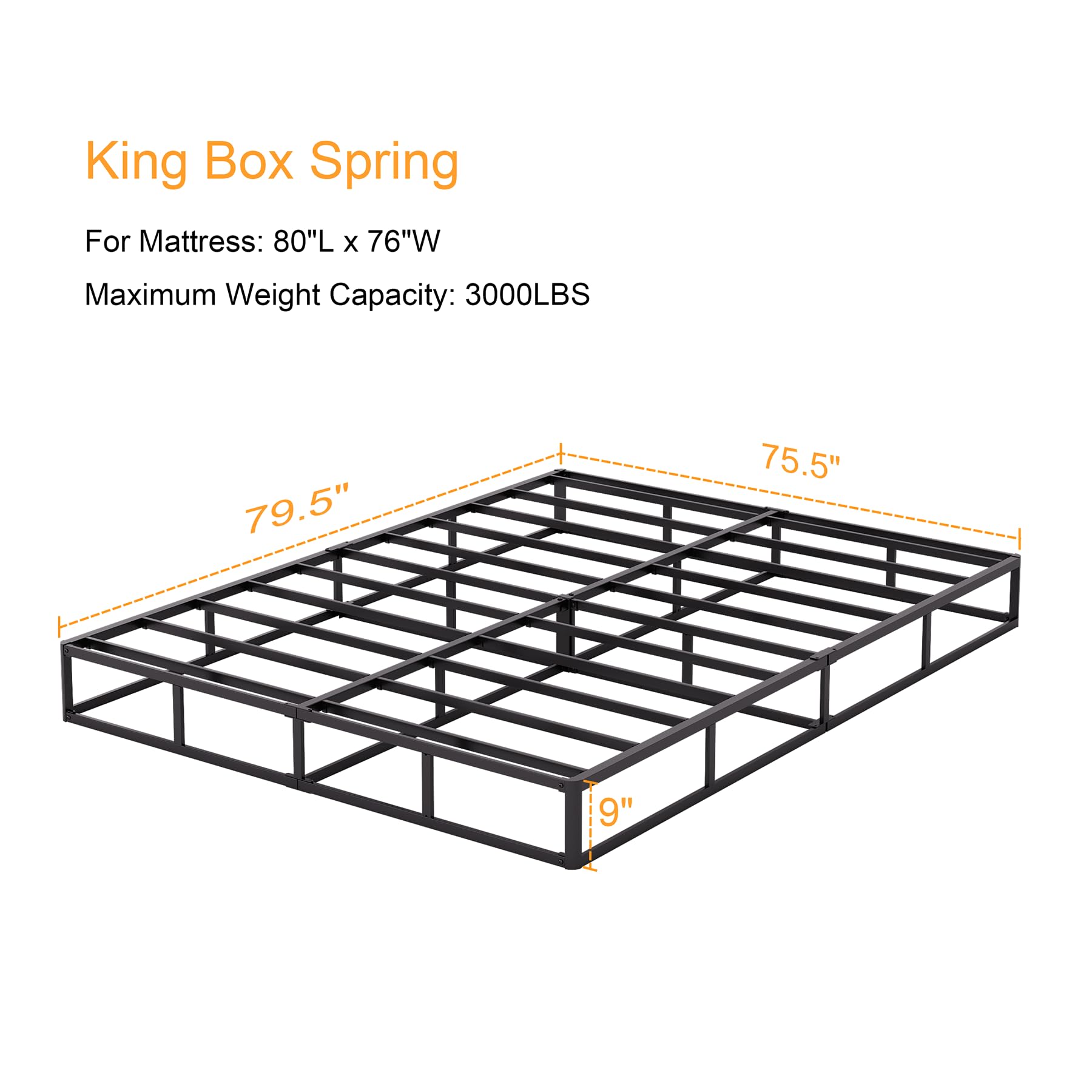 Bednowitz King Box Spring, 9 Inch High Profile Box-Spring with Fabric Bed Cover, Noise Free Sturdy Metal Frame, Heavy Duty Steel Structure Mattress Foundation, Easy Assembly