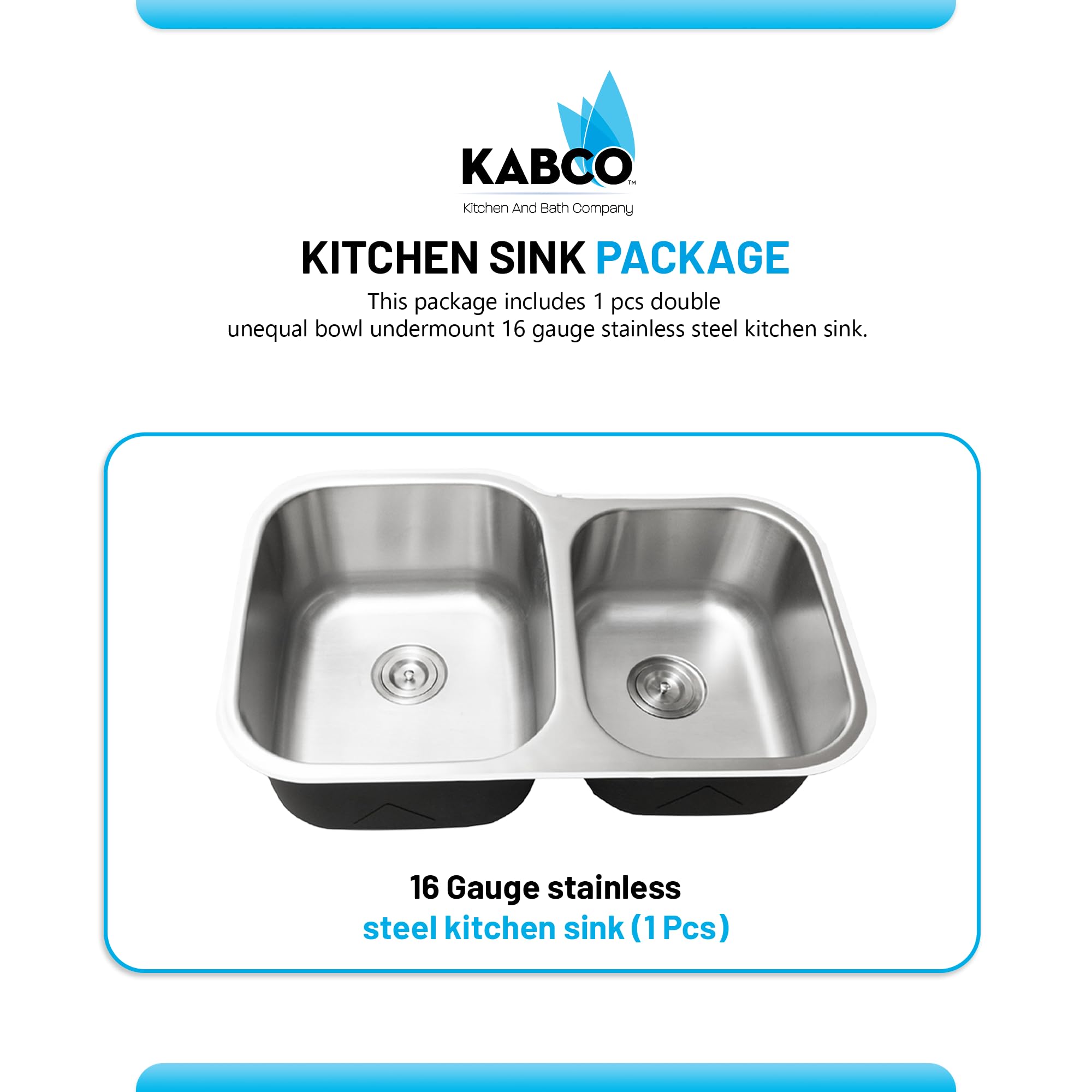 KABCO 32 Inch Stainless Steel 60/40 Double Unequal Bowl Classic Kitchen Sink Only, Extra Thick 16 Gauge Undermount Rust Resistant, Sound and Heatproof Sink