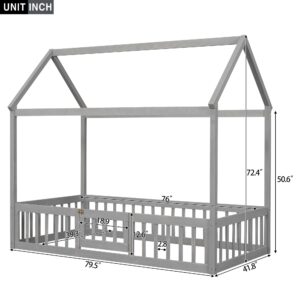 House Bed Twin Bed Frames for Kids,Wood Montessori Floor Bed with Fence and Door Design, Twin Floor Bed with Rails for Girls Boys, Grey Wash