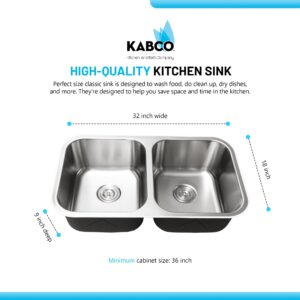 KABCO 32 Inch Stainless Steel Double Equal Bowl Classic Kitchen Sink, Extra Thick 16 Gauge Undermount Rust, Sound and Heatproof Sink with Sink Strainer and Removable Garbage Basket