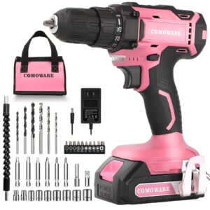 comoware cordless drill set, 20v power drill, pink drill set for women, 1 battery & charger, 3/8" keyless chuck, 2 variable speed, 266 in-lb torque, 25+1 position, with pink storage bag