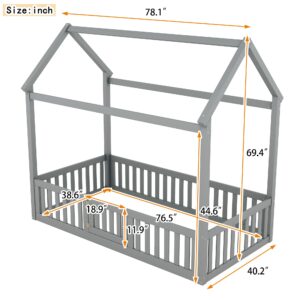 Bellemave Twin Size Montessori House Bed for Kids, Wood Floor Beds with Fence Railings & Door, Twin Playhouse Bed for Boys Girls, Box Spring Needed, Gray Wash