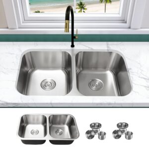 KABCO 32 Inch Stainless Steel Double Equal Bowl Classic Kitchen Sink, Extra Thick 16 Gauge Undermount Rust, Sound and Heatproof Sink with Sink Strainer and Removable Garbage Basket