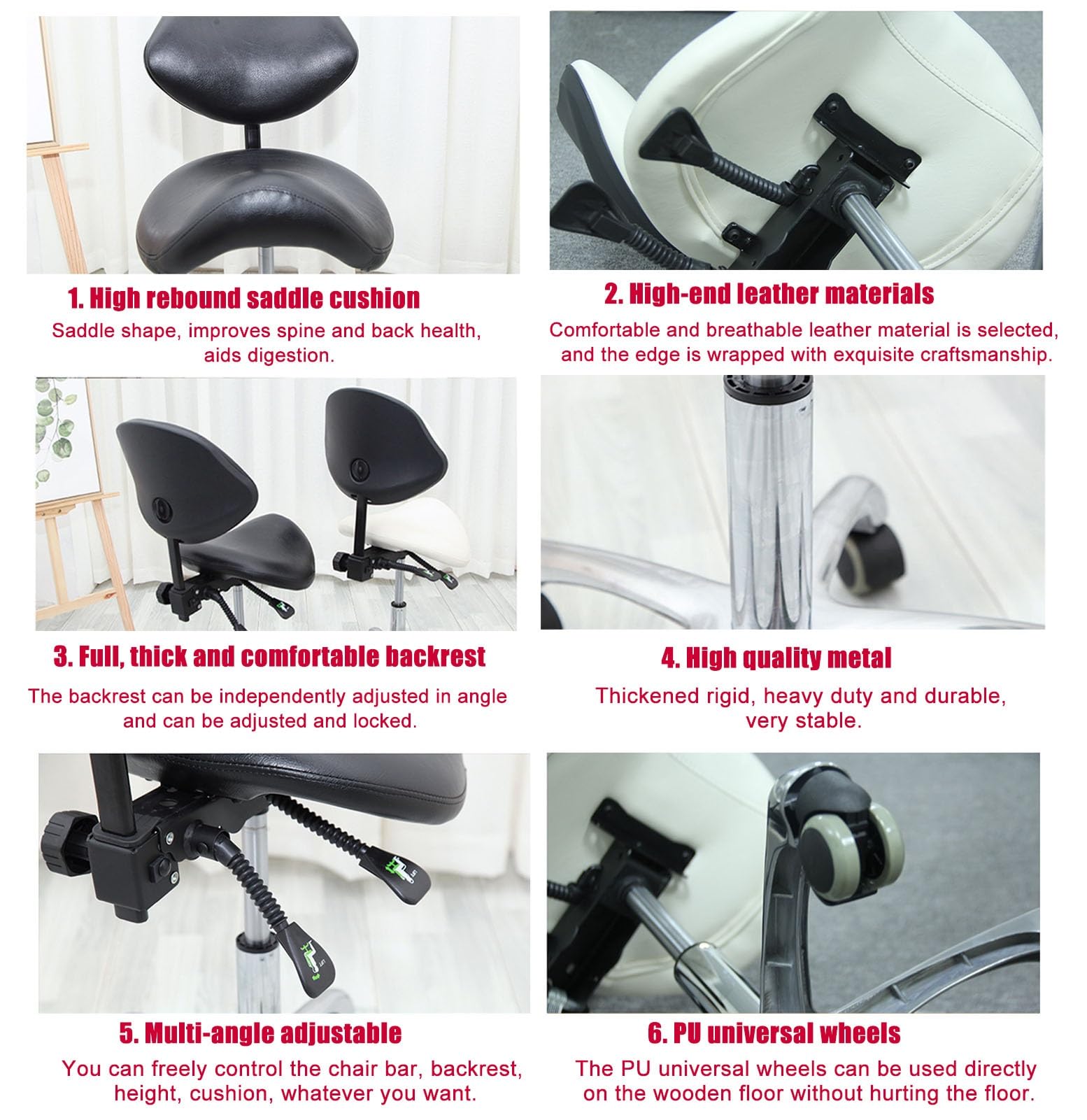 NUNETH Medical Dental Saddle Stool Chair White Black, Rolling Chair with Back Support, Ergonomic Salon Saddle Chair on Wheels with Hydraulic Lift (Color : White)