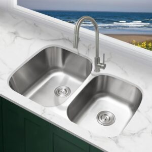 kabco 32 inch stainless steel 60/40 double unequal bowl classic kitchen sink, extra thick 16 gauge undermount rust, sound and heatproof sink with sink strainer and removable garbage basket