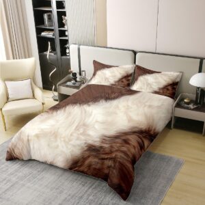 jejeloiu Cowhide Duvet Cover 100% Cotton Queen Size Cow Fur Bedding Cotton Duvet Cover Set Western Farm Animal Skin Brown White Bedspread Cover