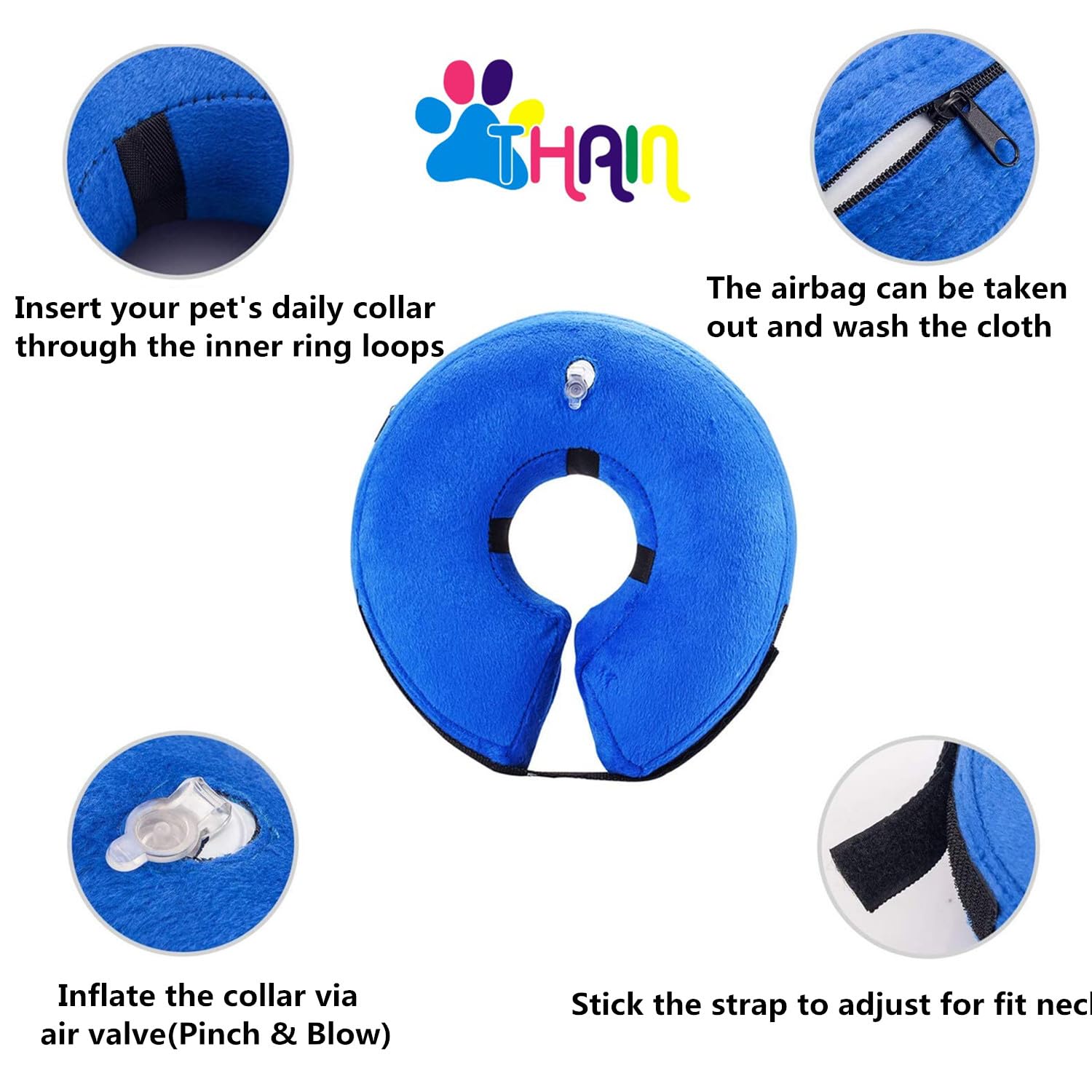 THAIN Soft Dog Recovery Protective Collar After Surgery-Cone Inflatable Collar for Dogs and Cats - Adjustable Washable Elizabethan Collar (XL)