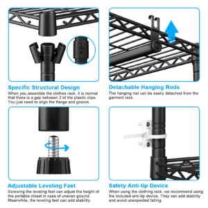 Ulif E10 Clothes Rack（With Stretchable Hanger Rod）Freestanding Clothing Racks for Hanging Clothes，Adjustable Closet Organizer System，Portable Garment Rack 73-97"W x 15" D x 72" H，Max Load 800LBS，Black