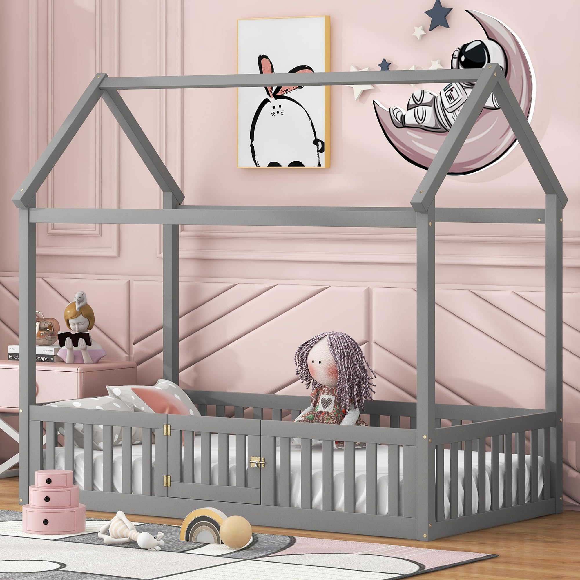 Bellemave Twin Size Montessori House Bed for Kids, Wood Floor Beds with Fence Railings & Door, Twin Playhouse Bed for Boys Girls, Box Spring Needed, Gray Wash