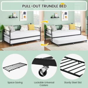 IDEALHOUSE Metal Daybed Frame with Trundle Heavy Duty Metal Slats/Mattress Foundation Platform Sofa Bed with Headboard for Bedroom, Twin, Black