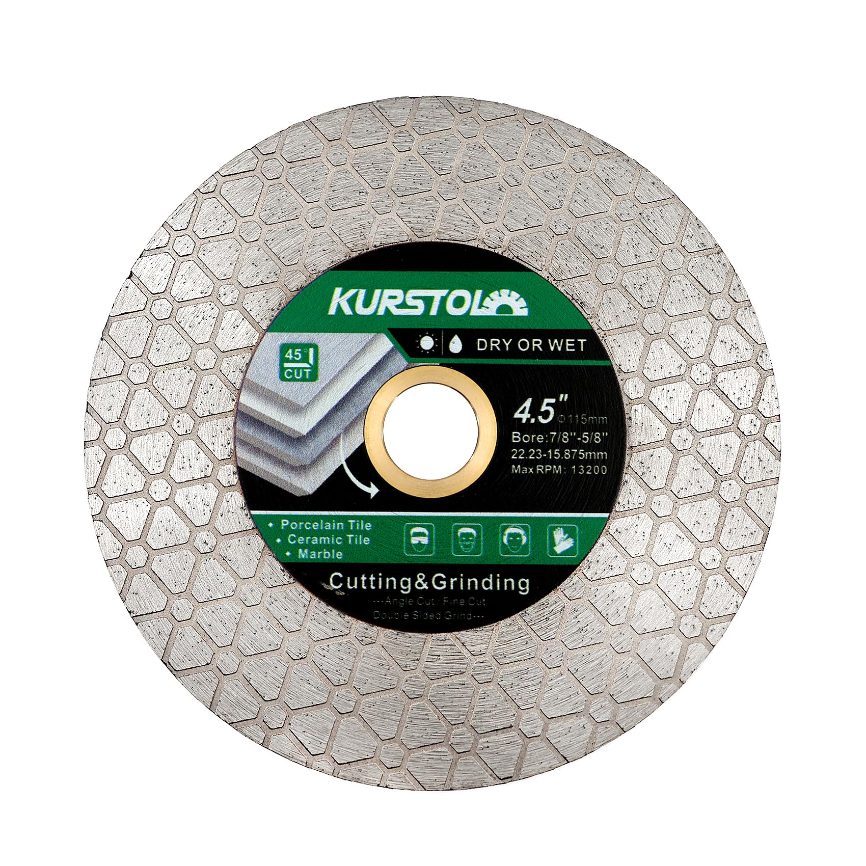 KURSTOL Diamond Cutting Disc - 4.5"/115mm Dual-Purpose Tile Diamond Saw Blade,Angle Grinder Blade Arbor 7/8"-5/8" for Cutting and Grinding Ceramic Tiles,Porcelain,Granite,Marble