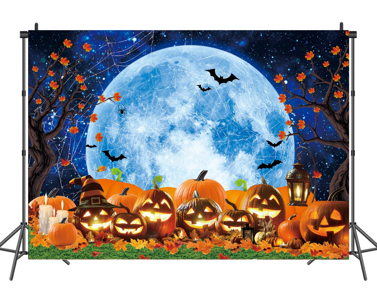 Halloween Backdrop for Photography 7x5FT Halloween Full Moon Night Background Horrible Pumpkin Lantern Maple Leaf Halloween Theme Baby Shower Birthday Party Decoration Photo Booth Props