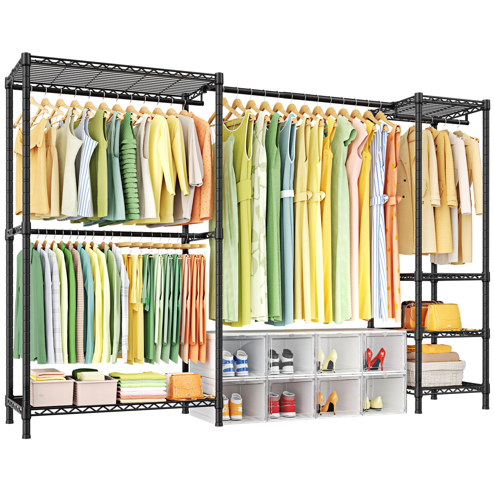 Ulif E10 Clothes Rack（With Stretchable Hanger Rod）Freestanding Clothing Racks for Hanging Clothes，Adjustable Closet Organizer System，Portable Garment Rack 73-97"W x 15" D x 72" H，Max Load 800LBS，Black