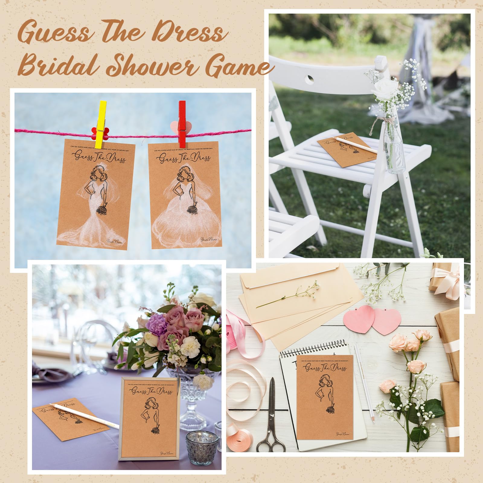 Fulmoon 30 Sets Guess The Dress Bridal Shower Games for Guests Include Wedding Shower Games Cards and Water Soluble Pencils Fun Wedding Decorations Party Supplies Games Ideas (Brown)