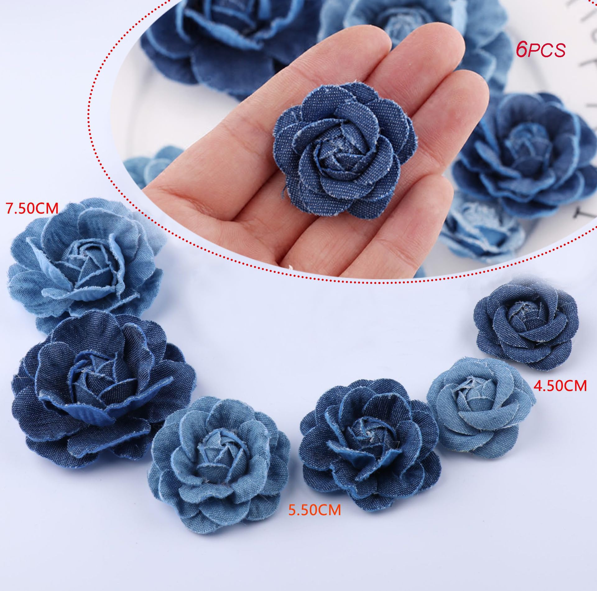 YXQ 6Pcs Fabric Flower 3 Sizes Denim Flowers Decoration DIY Crafts