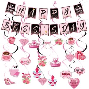 harloon 39 pcs happy boss's day hanging decorations include 3 no diy boss day banner 24 lady cutouts with 12 hanging swirls pink boss's day decor for female boss best boss ever party decorations