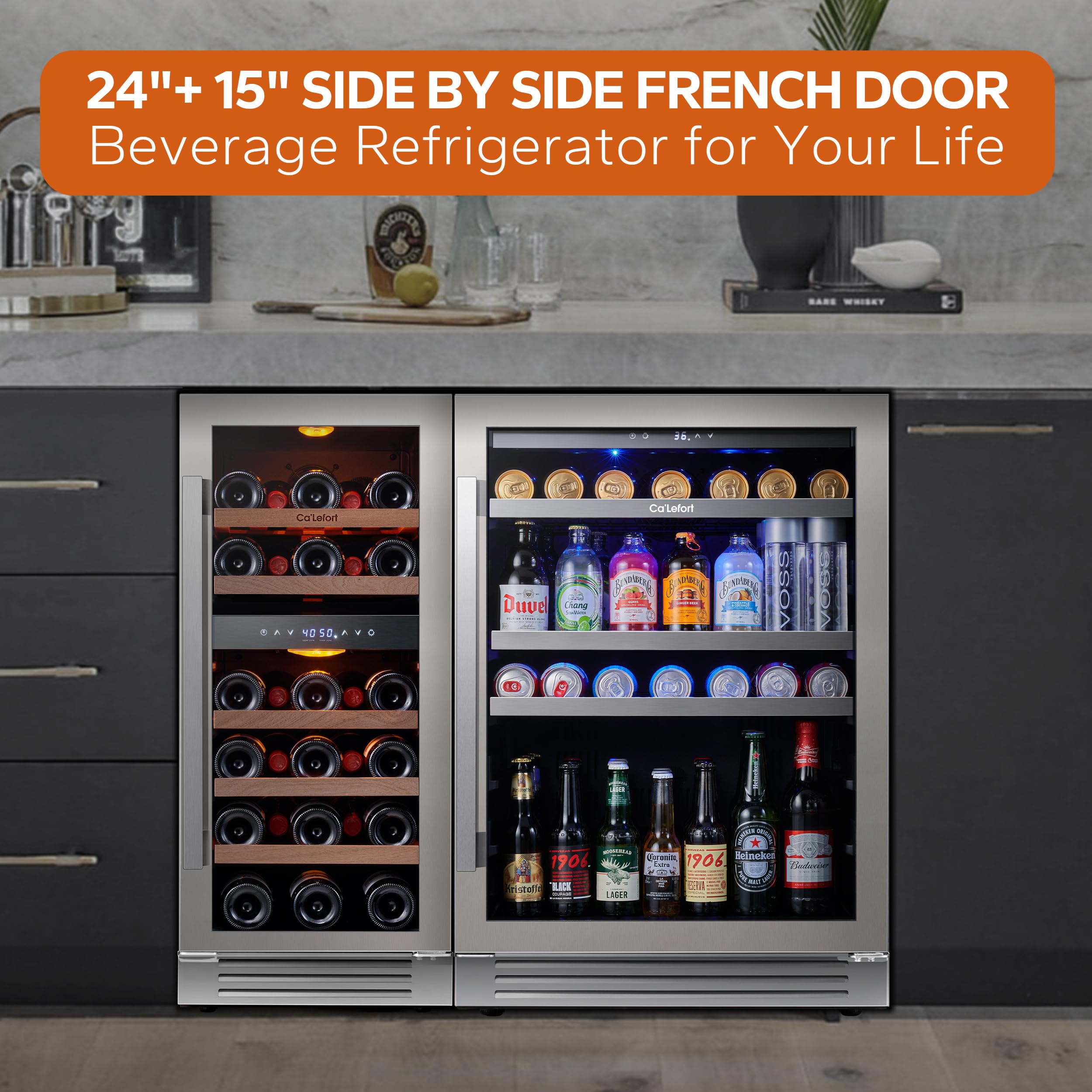 Ca'Lefort Wine Beverage Refrigerator - 39 Inch 34-65°F Drink Fridge Glass Door, 3 LED Beverage Cooler Built-in or Freestanding, Holds 180 Cans and 28 Bottles (24'' & 15" Bundle)