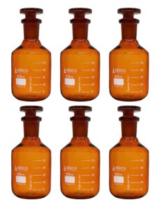 eisco 6pk reagent bottles, amber, 60ml - graduated - narrow mouth with solid glass stopper - borosilicate glass