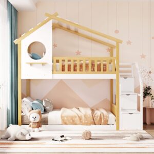 stairway house bunk beds for kids ,floor bunk beds twin over twin , wood bunk beds with storage stairs , toddlers bunk beds with roof, window for girls, boys , natural bed +white stair