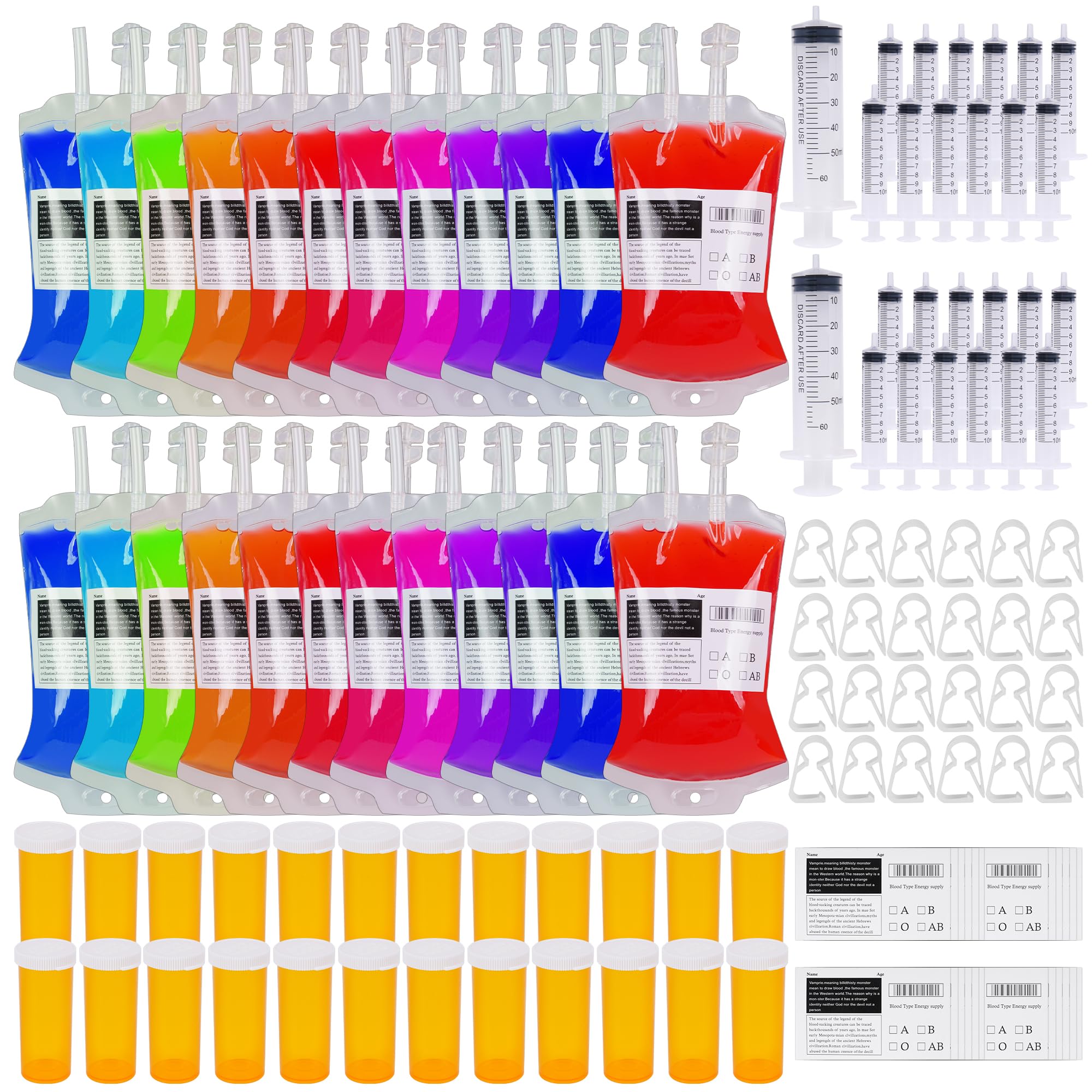 74Pcs Halloween Blood Bag for Drinks Reusable Blood Bags Drink Pouches Blood IV Bags Pill Candy Bottles Jelly Syringe for Halloween Masquerade Nurse Zombie Vampire Party Supplies Decoration