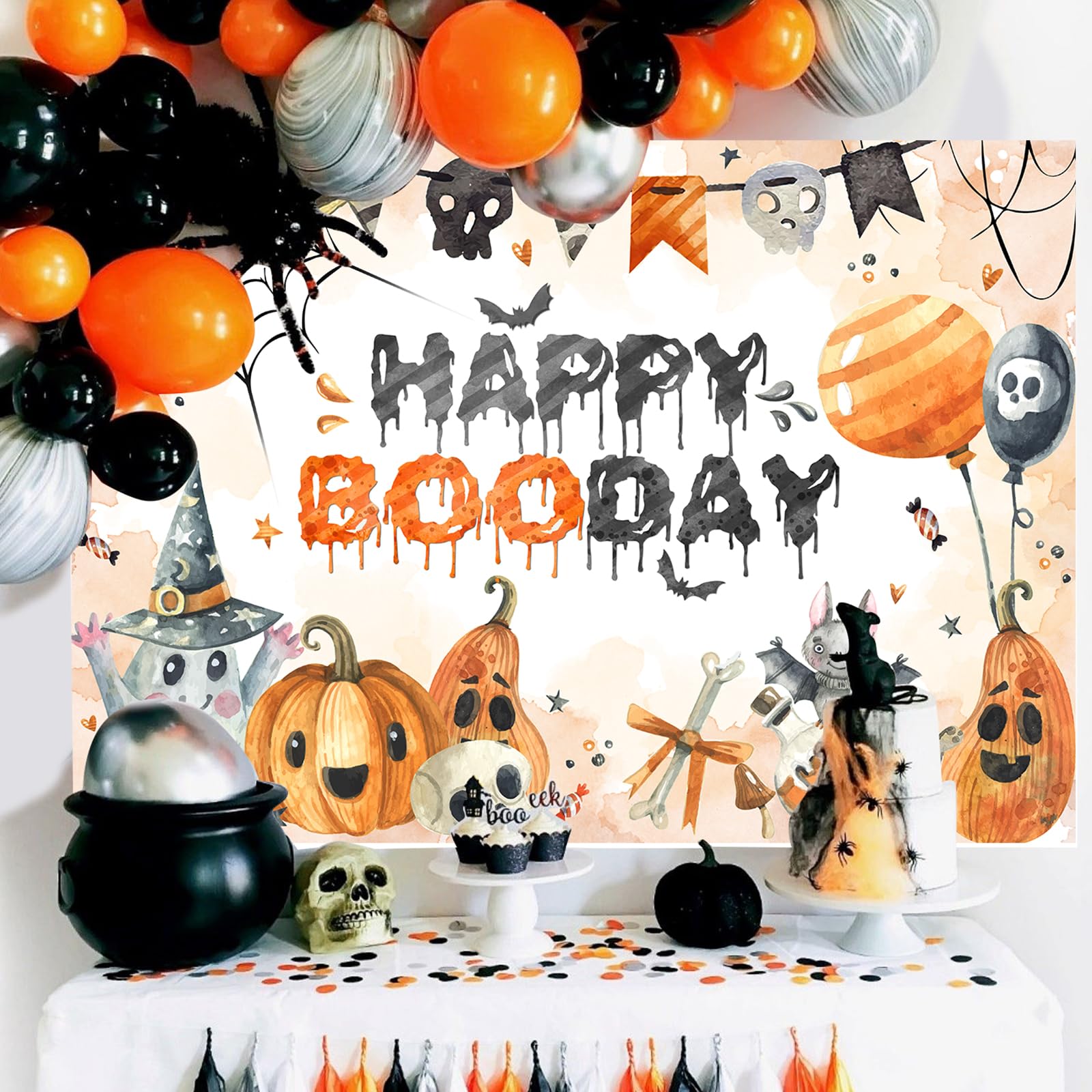 Avezano Halloween Booday Birthday Party Backdrop, Happy Boo Day Party Decorations Photoshoot Backdrops Halloween Happy Boo Day Party Banner Cute Spooky Ghost Birthday Decor Supplies Boys Girls (7x5ft)