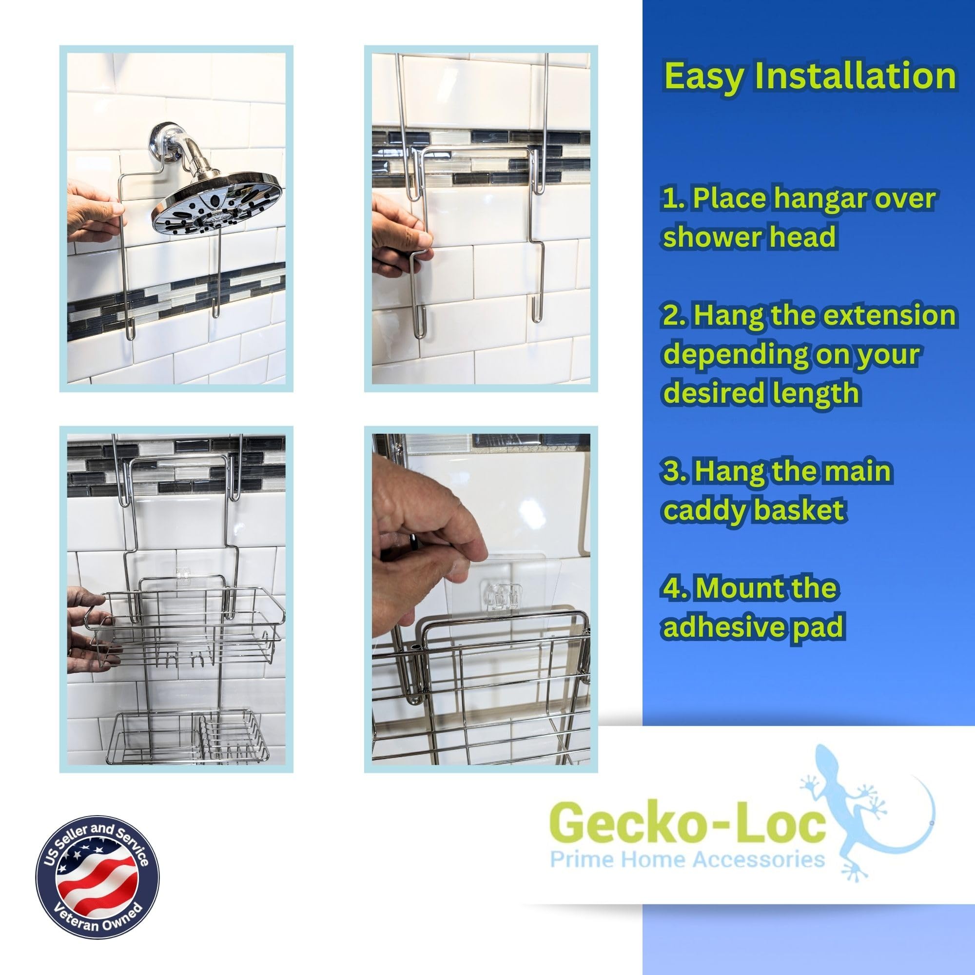 Gecko-Loc Adjustable Hanging Shower Caddy with Adhesive Storage Rack - Over Shower Head Hanger - for Shampoo, Soap, & Razors - Silver